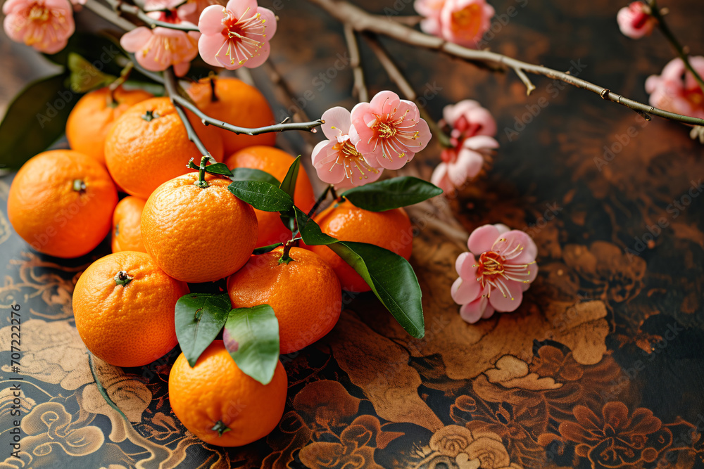 Plum blossoms flower and mandarin orange symbol of prosperity, lunar ...