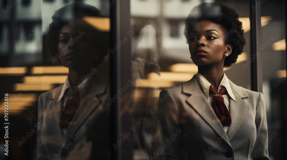 African-American Businesswoman glass reflection in office. Racial ...
