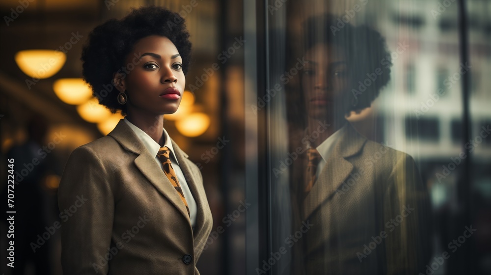 African-American Businesswoman glass reflection in office. Racial ...