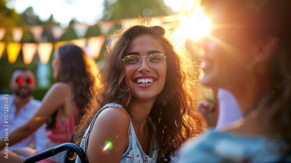 Smiling girl with friend togetherness at party. Woman with disability ...