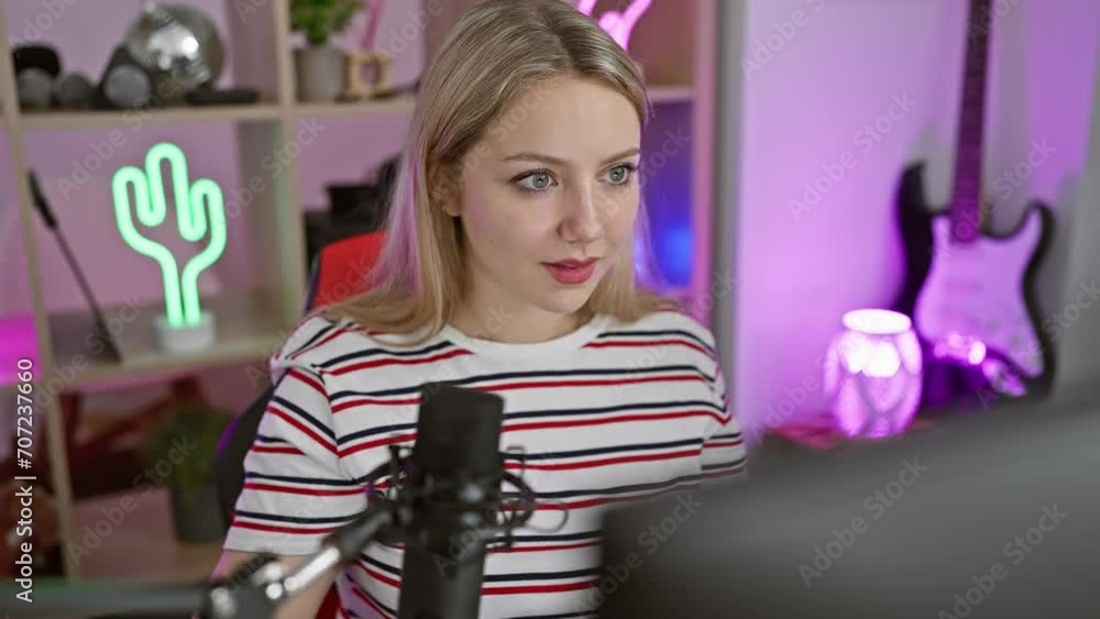 Cheerful young blonde streamer hilariously covers one eye with hand ...
