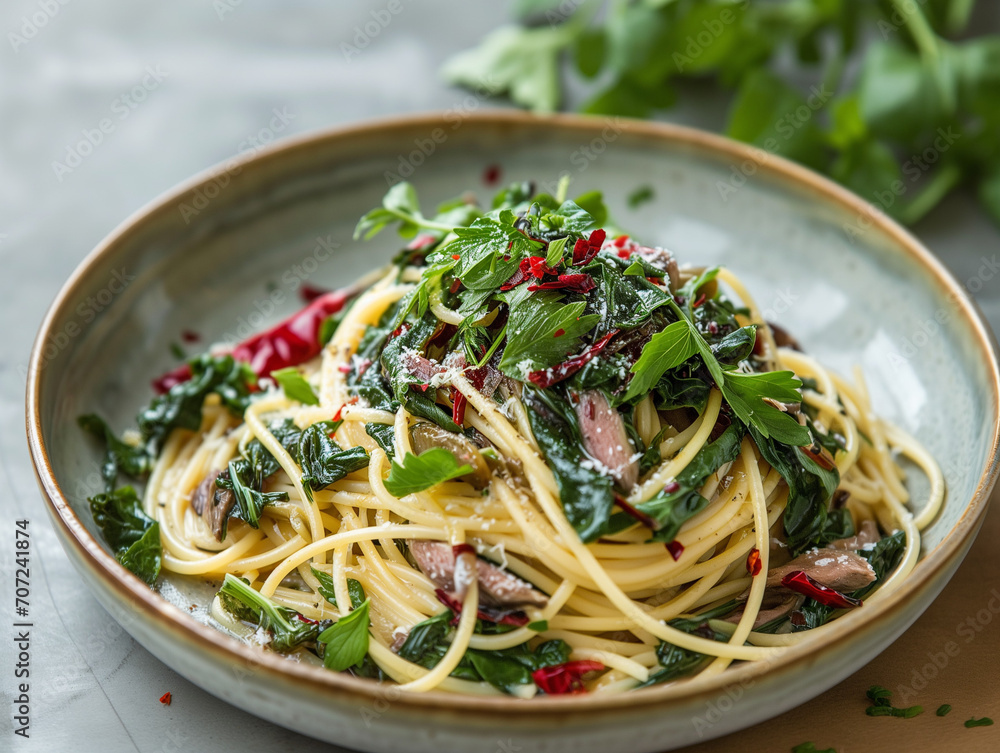 Spaghetti with chard, chili, and anchovies. Healthy modern pasta lunch ...