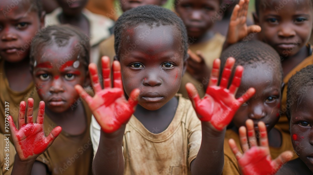 A group of children holding up their red-painted hands in solidarity ...