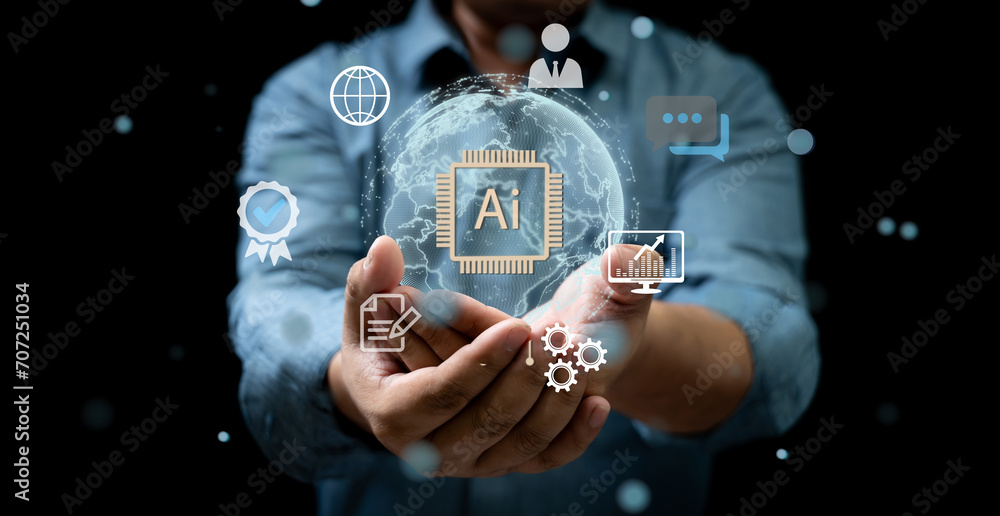 Ai tech, businessman show virtual graphic Global Internet connect robot ...