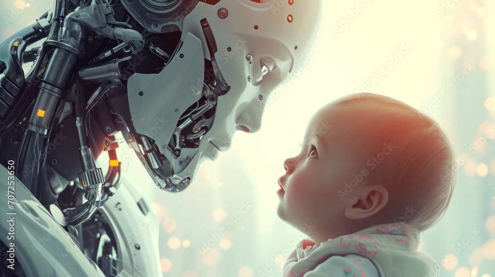 The cyborg robot holds a baby in his arms and looks at him with ...