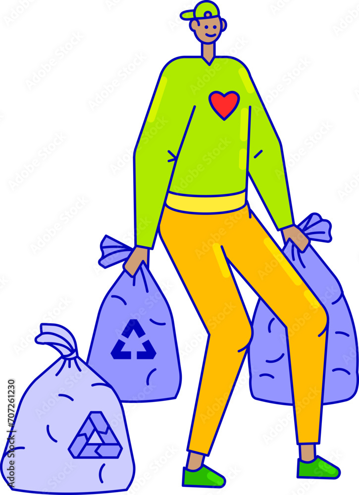 Man holding recycling bags, wearing yellow pants and green sweater ...