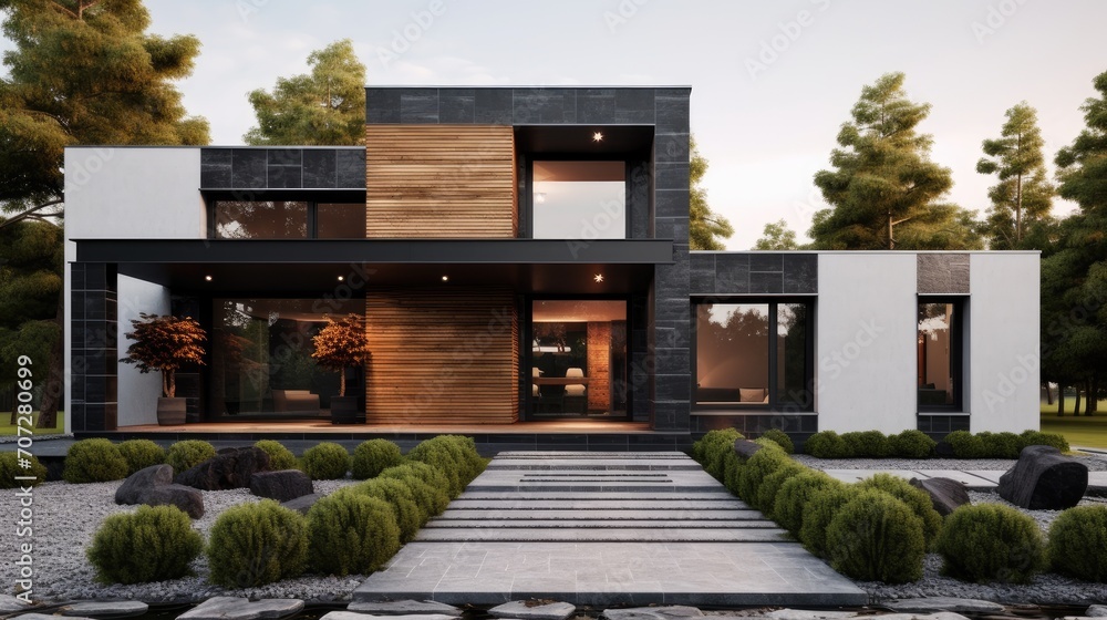 an isolated multi-block villa with frames covered in black tiles, The ...