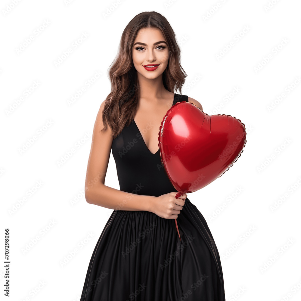 Beautiful young brunette woman in elegant black dress holding a red ...