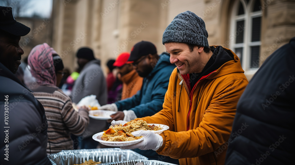 distribution of food to the American homeless of various races, Social ...