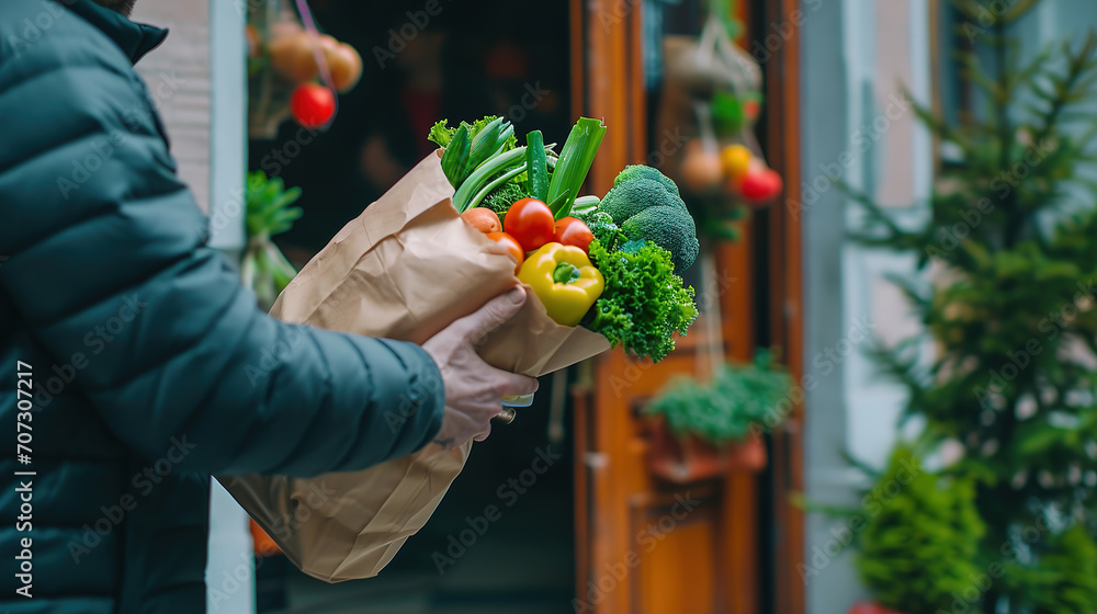 The courier passes a package with Food, fruits, and Vegetables to the ...