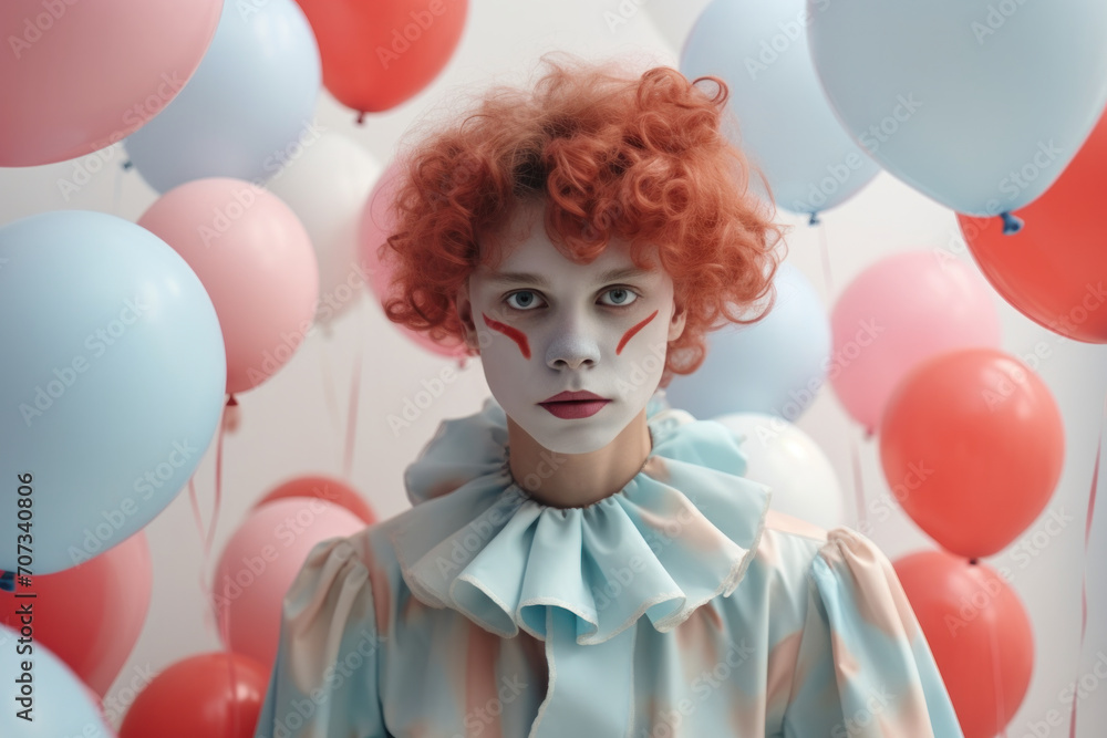 Serene child with striking red curls and clown makeup, amidst a ...