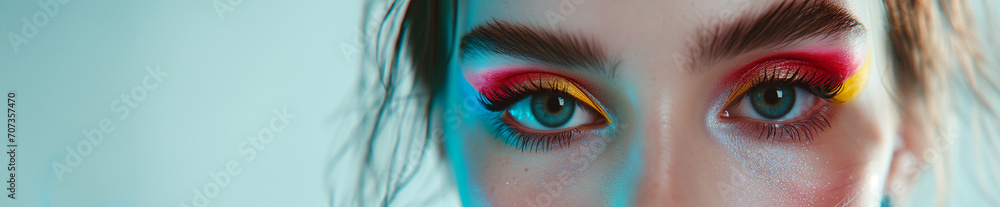 Fashion model woman face with fantasy art make-up. Bold makeup, glance ...