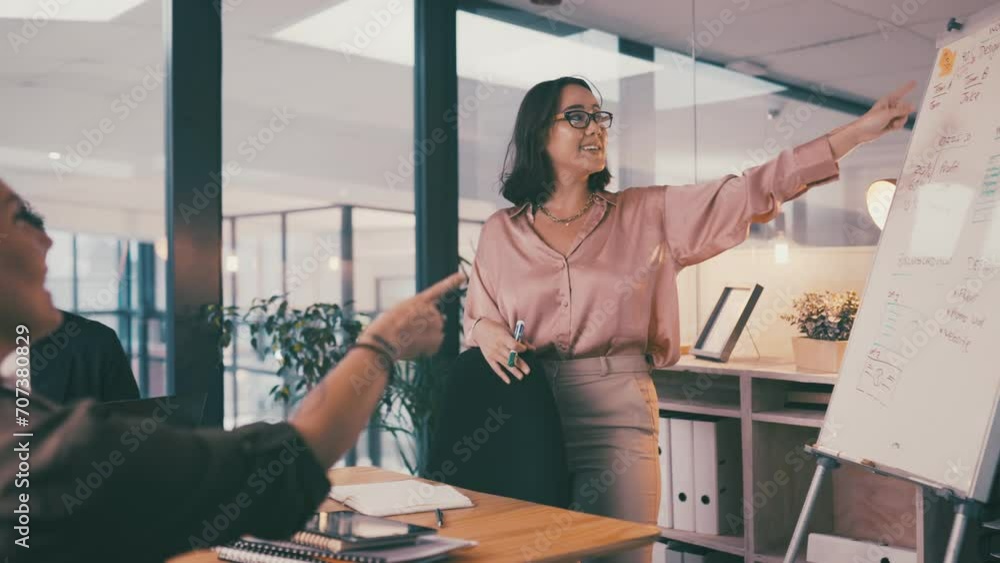 Presentation meeting, whiteboard and professional woman explain ...