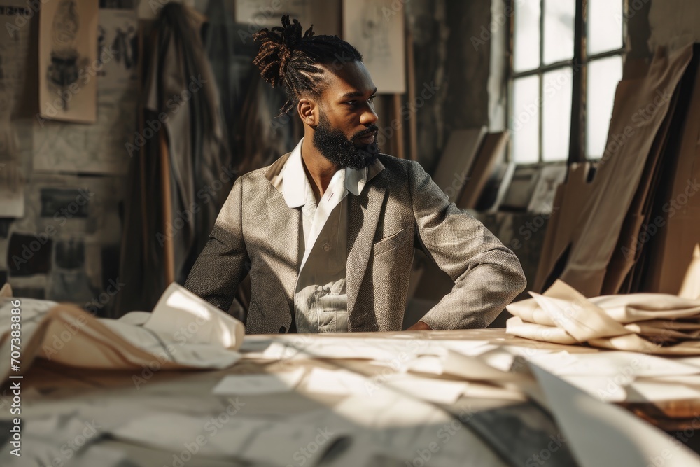 A disheveled man sits at a cluttered table, his face obscured by a ...