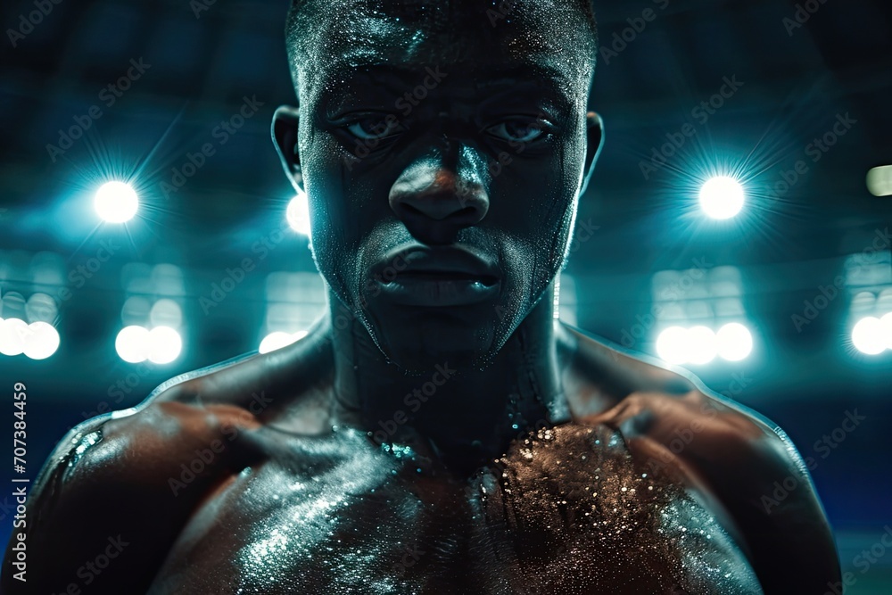 A barechested man with a black face stands tall, his human features ...