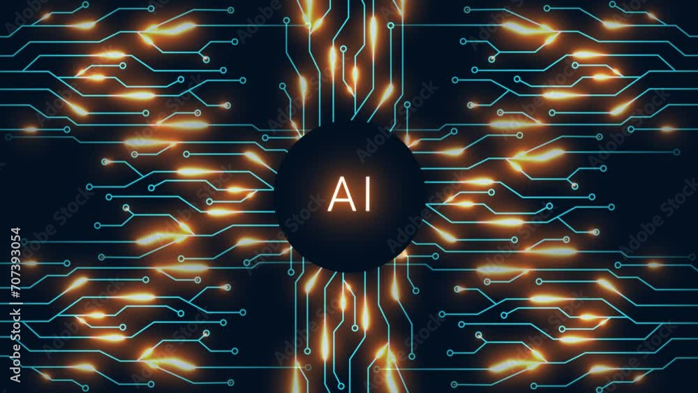 Artificial intelligence CPU chip. Circuit board data, neural network on ...