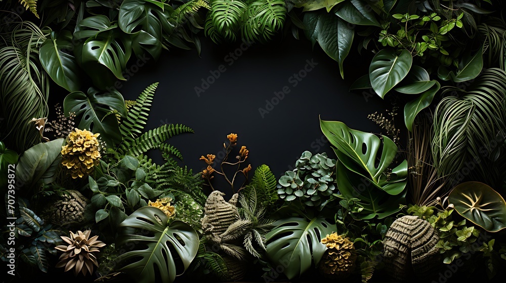 Nature frame of jungle trees with tropical rainforest foliage plants ...