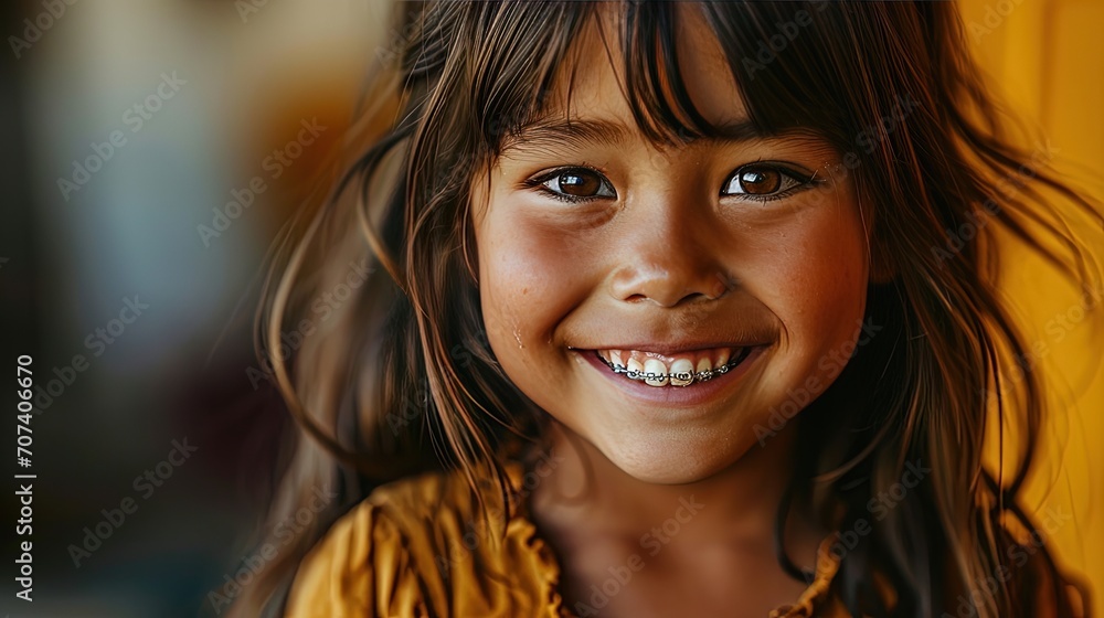 Girl happily smiles with braces on her teeth and shows a thumbs up ...