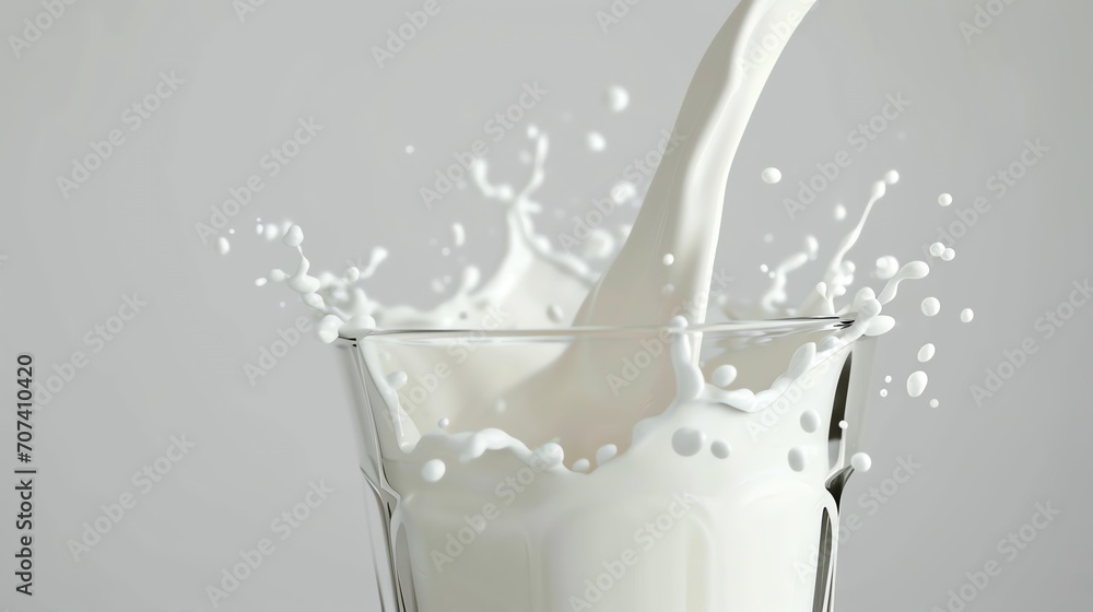 a dynamic moment where milk is being poured into a clear glass, causing ...