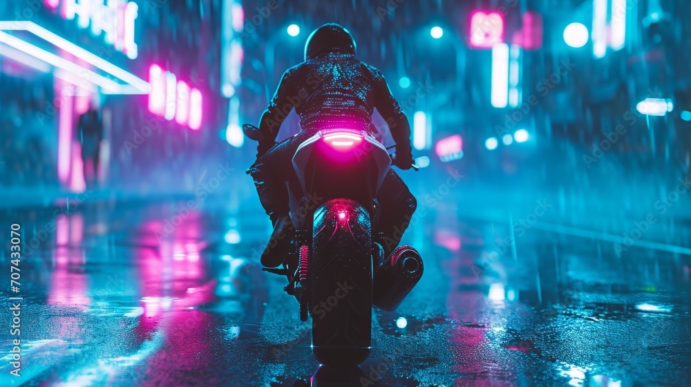 a motorcycle driving from behind on a road in a synthwave sci-fi ...
