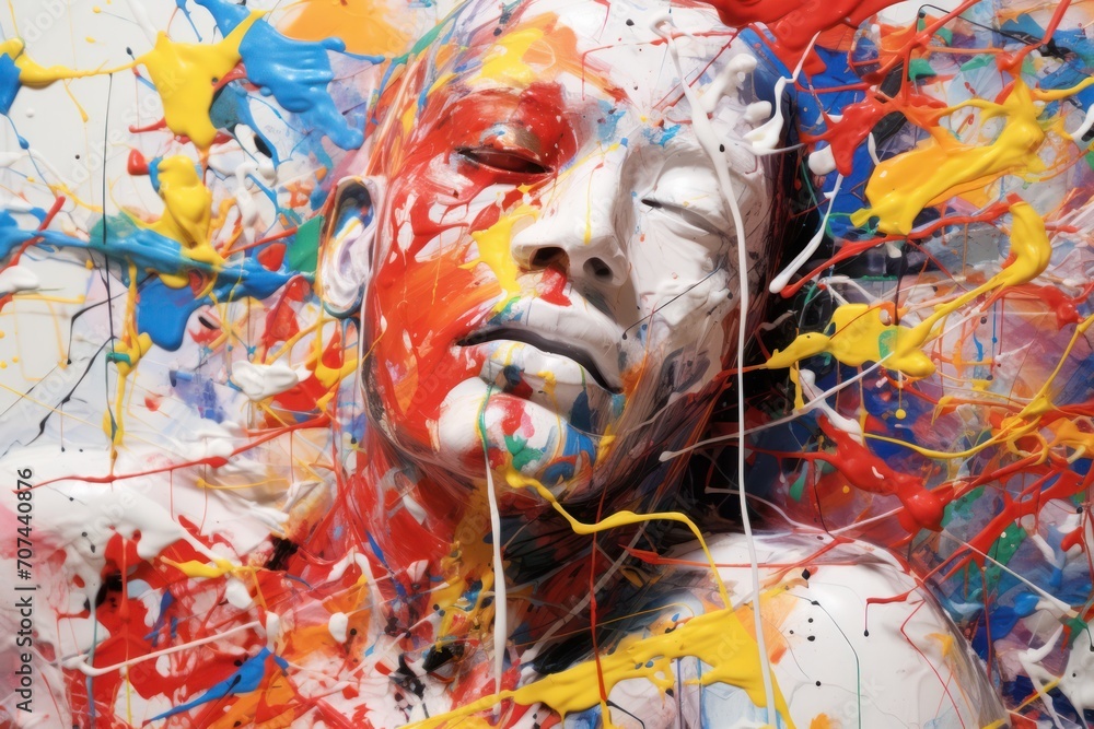 An expressive, abstract explosion of paint splatters over a female face ...