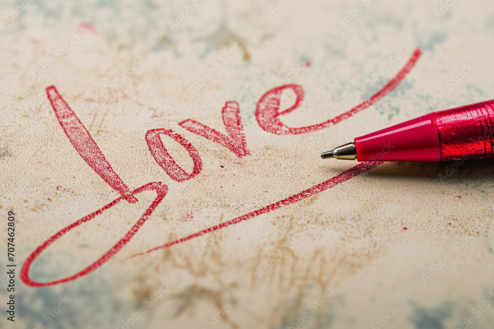 The word ‘LOVE’ written in red color cursive with a red pen. A ...