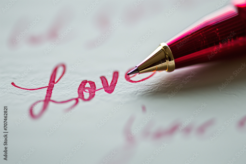 The word ‘LOVE’ written in red color cursive with a red pen. A ...