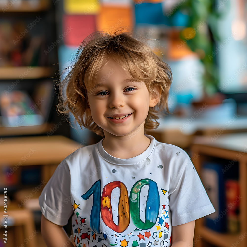 Smiling child wearing a shirt with the number 100 on it. A depiction of ...