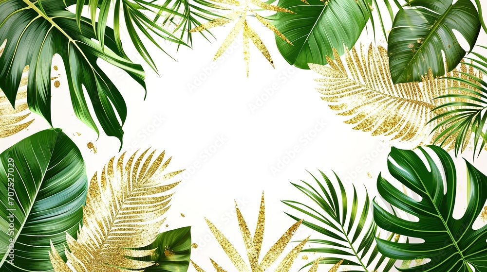 Tropical banner arranged from exotic and golden glitter leaves ...