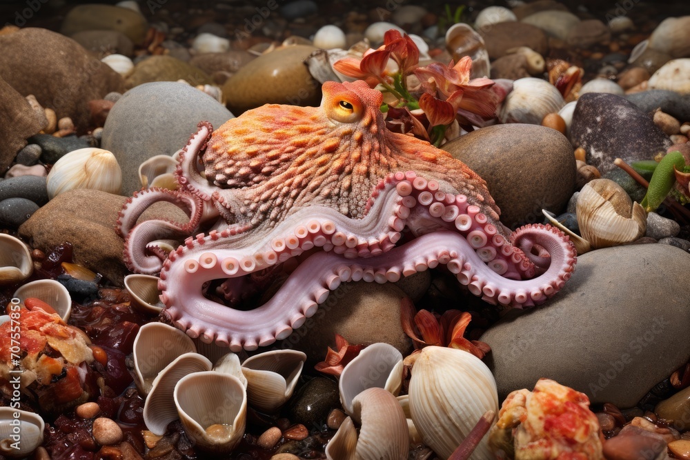 Octopus's Garden: An octopus surrounded by a garden of shells and rocks ...