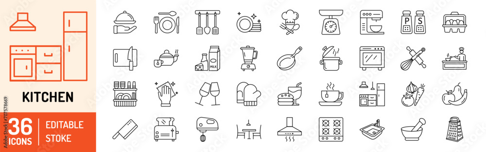 Kitchen editable stroke outline icons set. Food, fork, glass, pepper ...