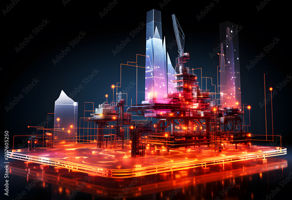 Holographic of digital oil drilling platform display red, orange ...