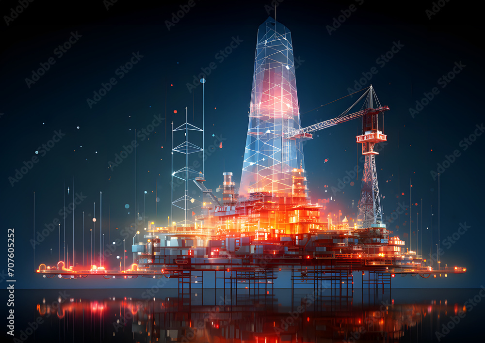 Holographic of digitaloil Oil Drilling Platform display red, orange ...