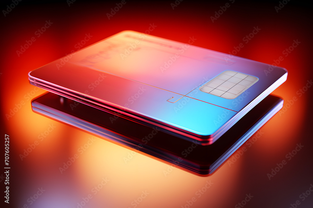 Holographic of digital credit card red. display red, black background ...