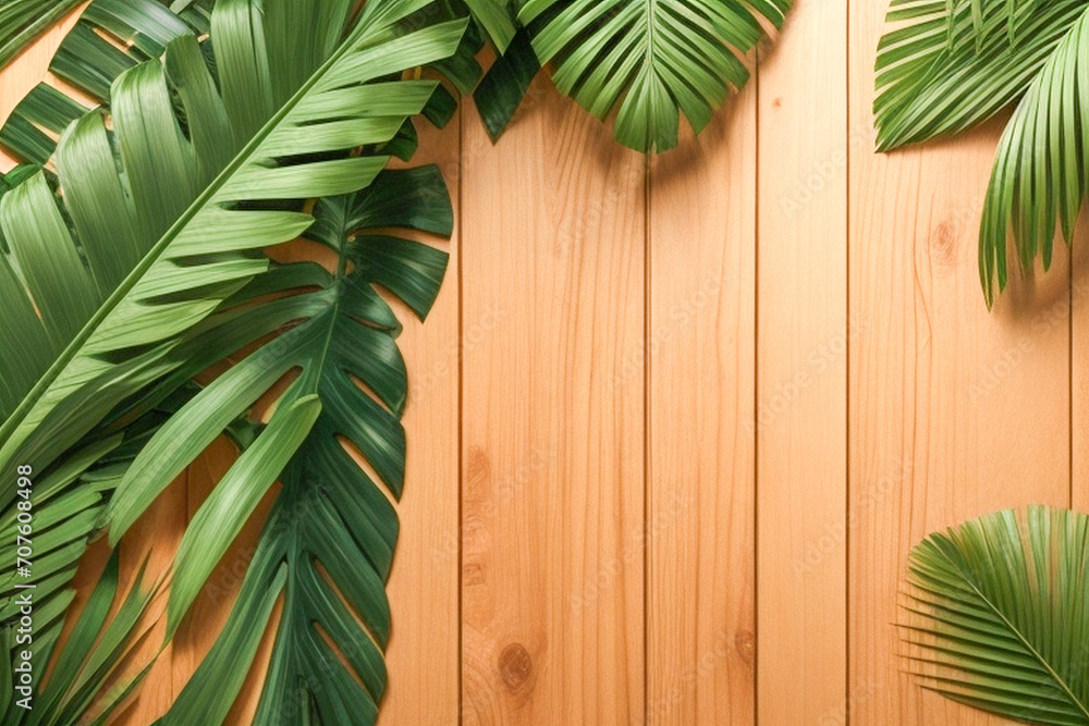 Palm leaf on a wooden surface background images with free spaces. Palm ...