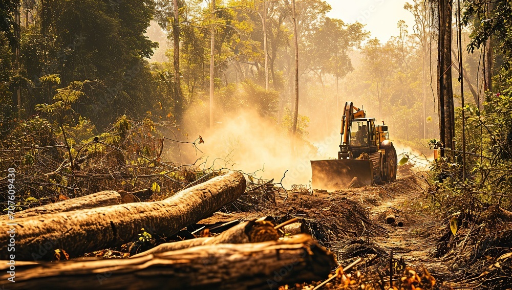 Tropical forest being cleared, an excavator clearing land of vegetation ...