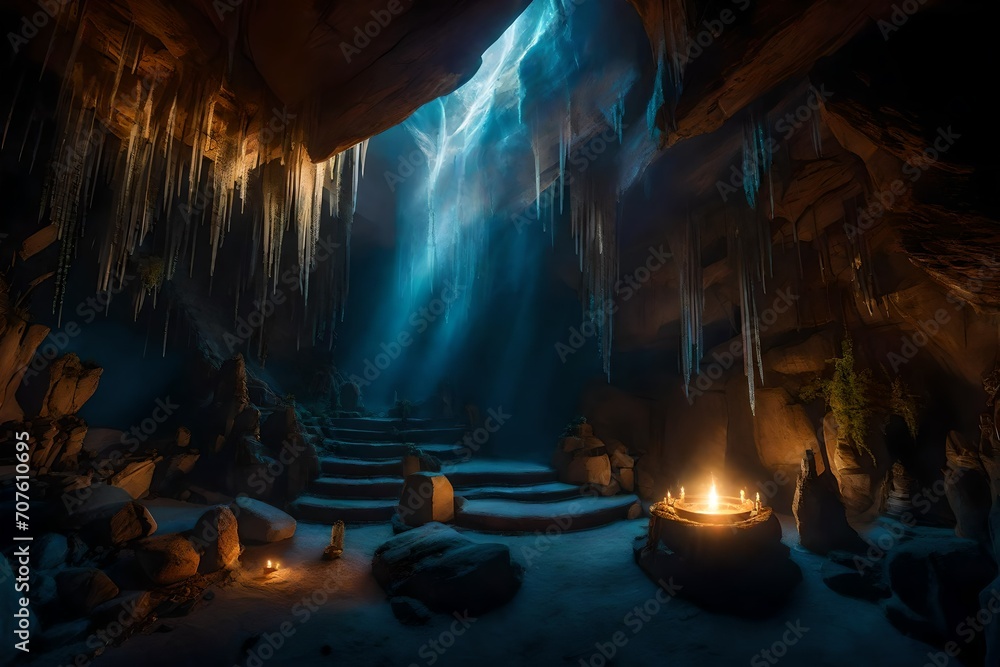 An enchanting fantasy scene set within a mystical cave, illuminated by ...
