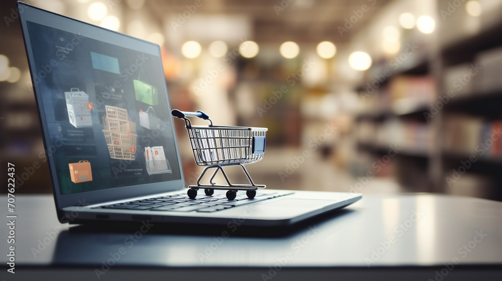 Expansive view of a laptop displaying a cashier with a shopping cart ...