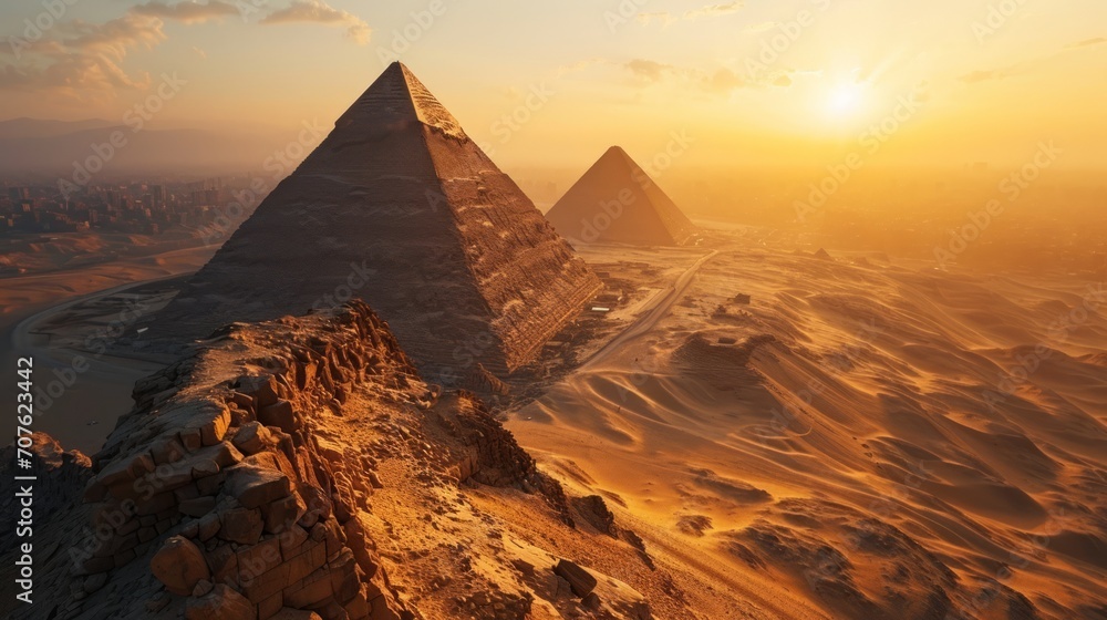 Grand pyramids, drone's perspective, sun on horizon, vast sandy terrain ...