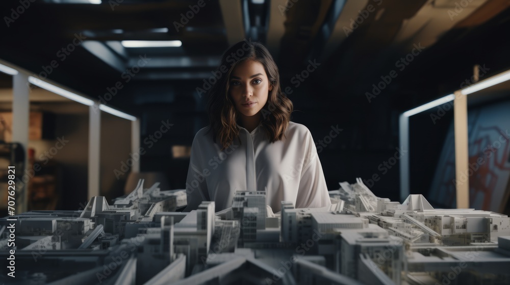 Portrait of a female architect with a scale model, presenting ...