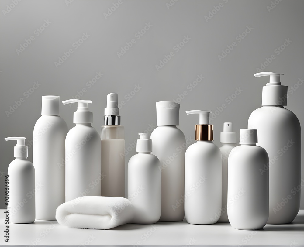 product photograph of white beauty cosmetic products :cosmetic bottles ...