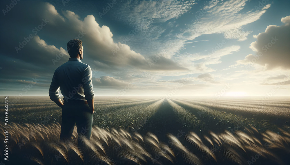 Hombre reflexionando sobre la vida en un campo de cultivo, simbolizando ...