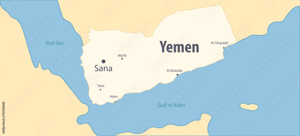 Yemen map with main cities Sana and Red sea. strikes Houthis in Yemen ...