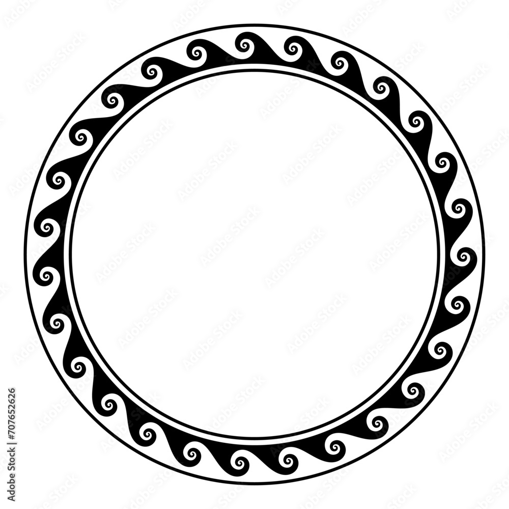 Sea wave pattern, circle frame with seamless meander design. Also known as running dog, scroll ...