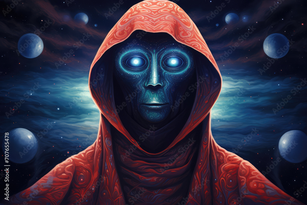 Illustration of a wise-looking alien with a third eye, draped in cosmic ...