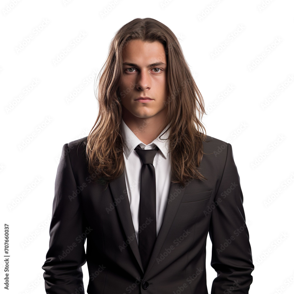 front view mid body shot of a demisexual individual in a formal suit ...