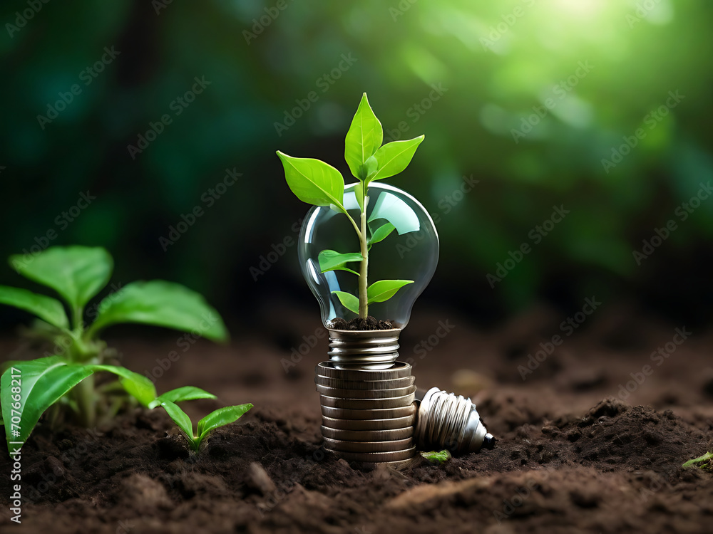 Light bulb is located on soil. plants grow on stacked coins Renewable energy generation is ...