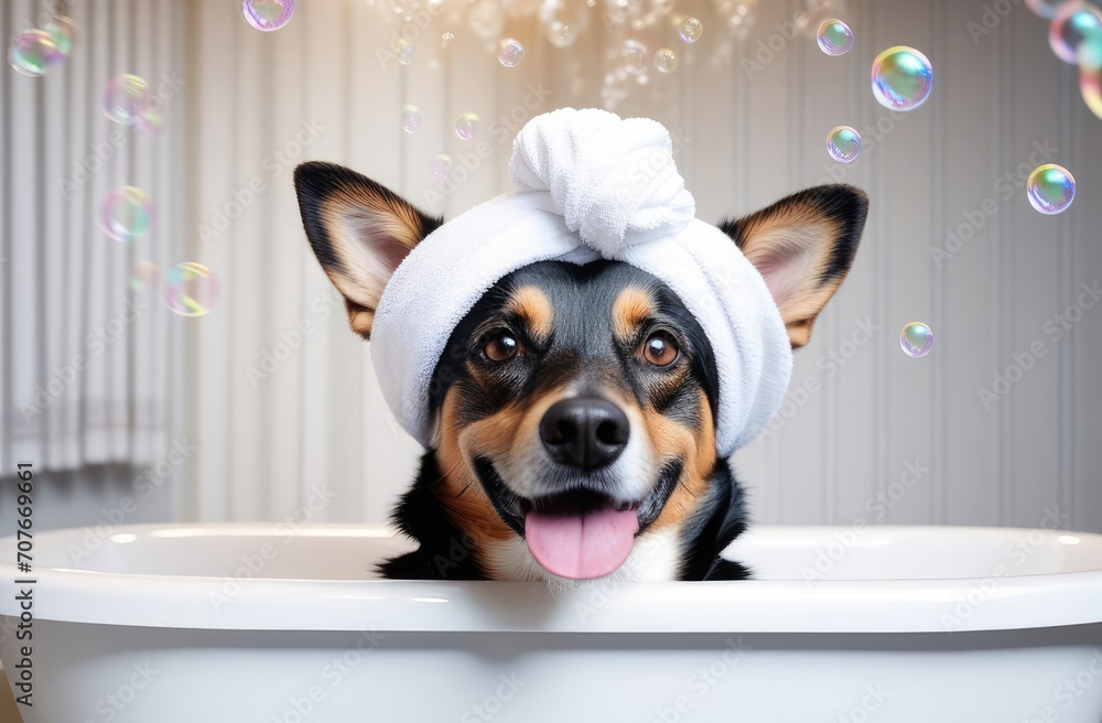 Happy dog in white bath with terry towel on his head with flying soap ...