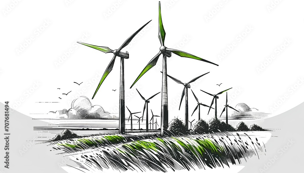 An artistic sketch depicting a series of wind turbines standing tall in ...