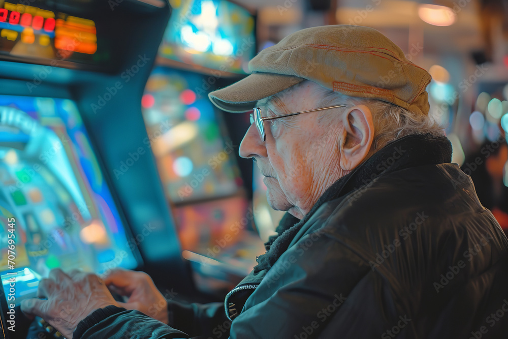 Show an elderly person revisiting an arcade - recalling fond memories ... Show an elderly person revisiting an arcade - recalling fond memories ...